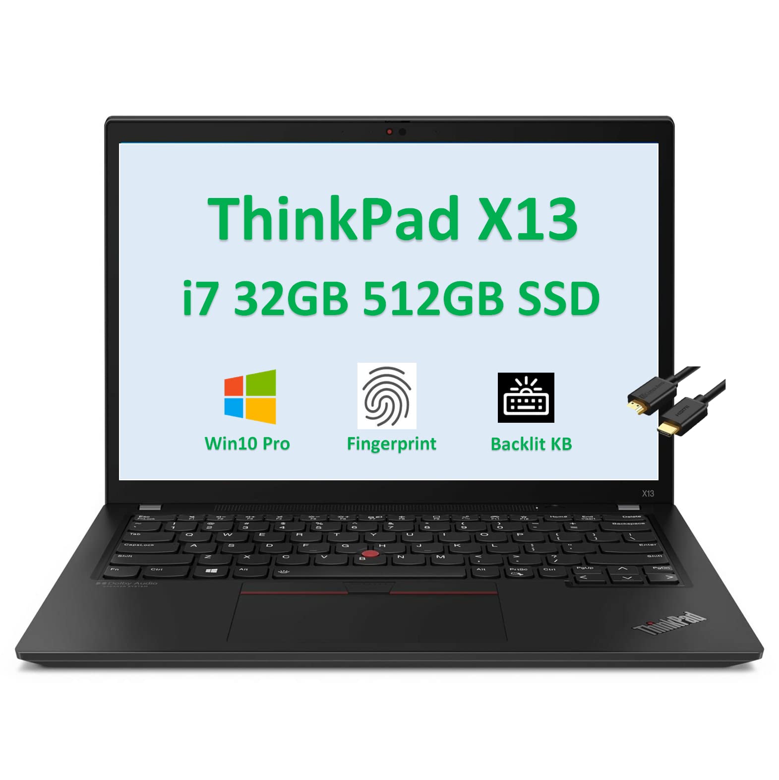 Lenovo ThinkPad X13 13.3" HD (Intel 4-Core i7-10510U, 32GB DDR4, 512GB PCIe SSD) IPS Slim Business Laptop ThinkShutter Webcam, Fingerprint Reader, Thunderbolt, Backlit, Windows 10 Pro (Renewed)