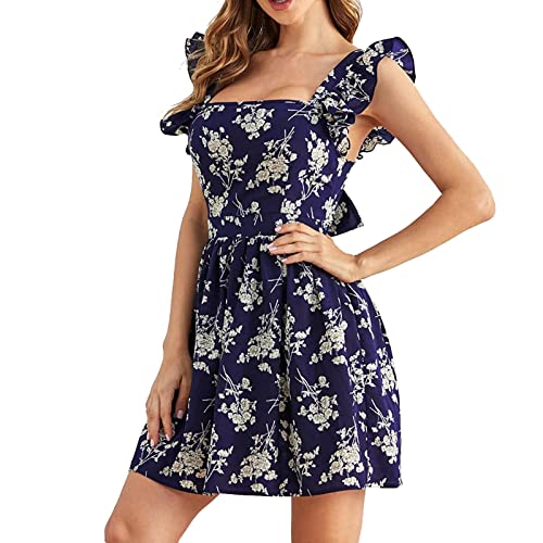 Tulle Women Cute Tie Back Ruffle Dress Strap A Line Fit and Flare Flowy Short Elegant Sleeveless Nightclub Blue