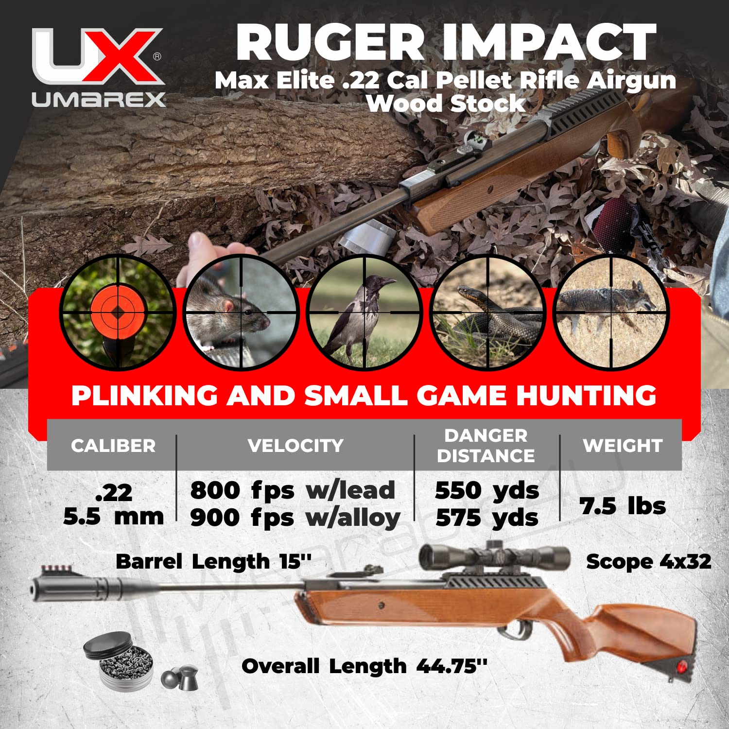 Ruger Impact Max Elite .22 Caliber Wood Stock Break Barrel Air Rifle 900fps with Wearable4U Pack of 250x .22 Cal Pellets Bundle