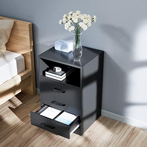 LED Nightstand with Charging Station, Modern Bedside Table for Living Room Office, End Side Table with 3 Drawers and Open Storage for Bedroom (Black)