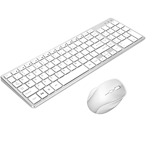 Wireless Keyboard and Mouse Combo Rechargeable USB Cordless Slim Compact Keyboard with Numeric Keypad and Ergonomic Silent Computer Mouse Set for Windows,PC,Laptop,MacBook,Chromebook-Silver White