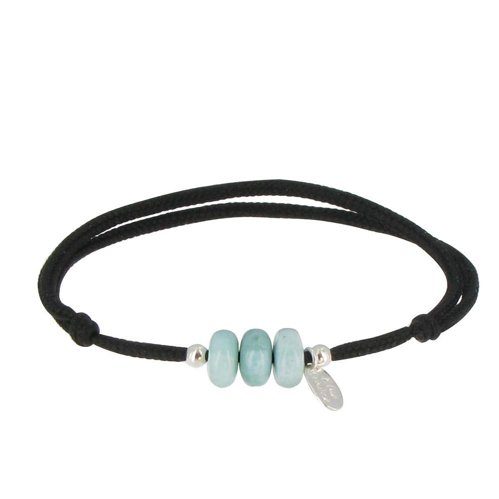 LES POULETTES JEWELS - Bracelet Black Link 3 Larimar Rings and Two Silver Beads