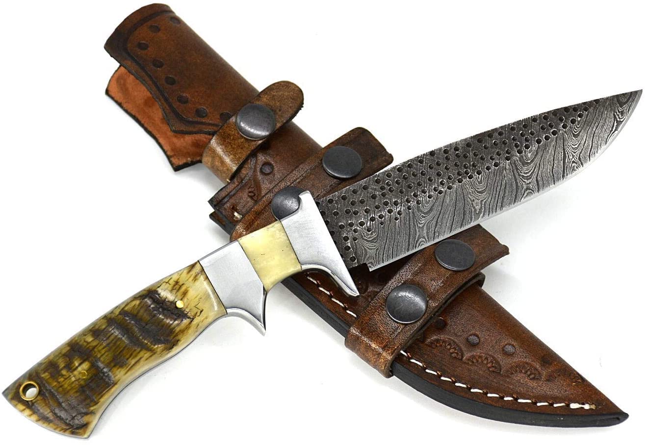 PSK83 - Handmade Damascus Hunting Knife Ram Horn Handle Full Tang Fire & Raindrop Patter - (PSK-83)