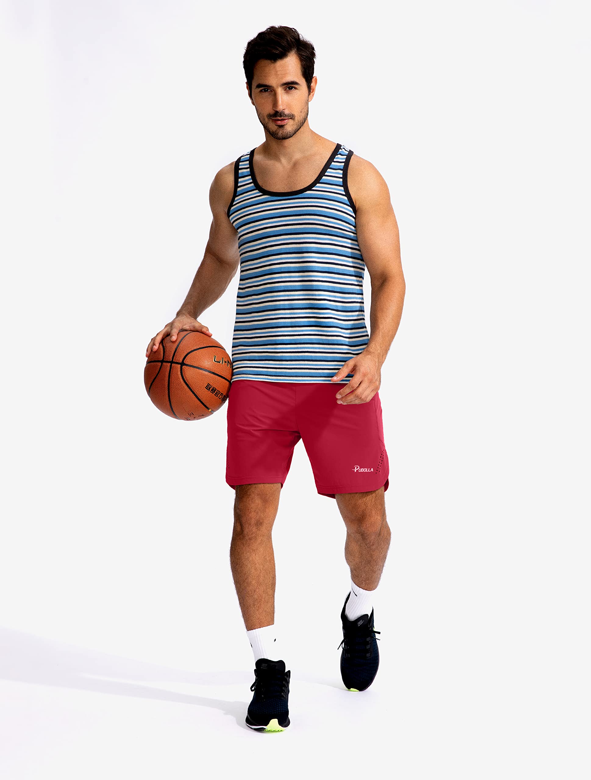 Pudolla Men's Athletic Running Shorts 7'' Gym Workout Shorts for Men Lightweight Sports Training with Zipper Pockets(Red XX-Large)