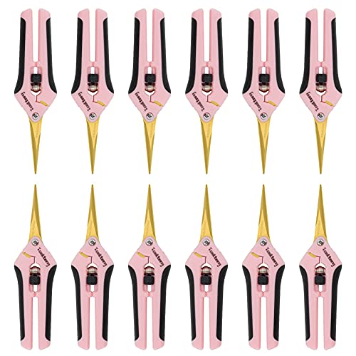 TOOLTENG 12 Packs Pruning Shears with Curved Blades, Garden Trimming Scissors, Gardening Hand Pruning Snips Titanium Coated Precision Bonsai Pruning Shears, Efficient Flower Cutters (Pink)