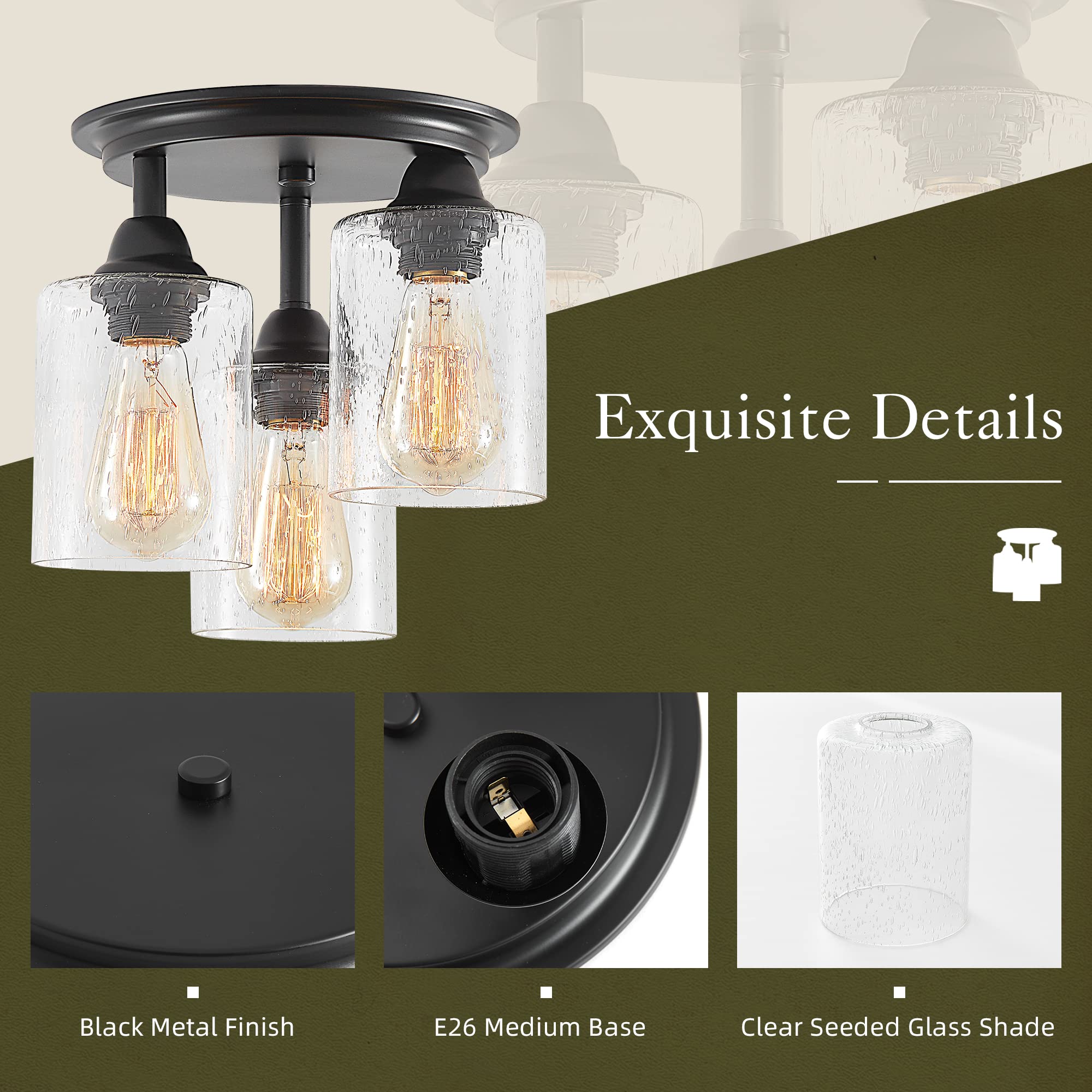 LEDIARY Semi Flush Mount Ceiling Light Fixtures, 3-Light Industrial Black Light Fixtures Ceiling Mount, Kitchen Light Fixtures with Clear Seeded Glass Shades for Hallway, Entryway, Bedroom