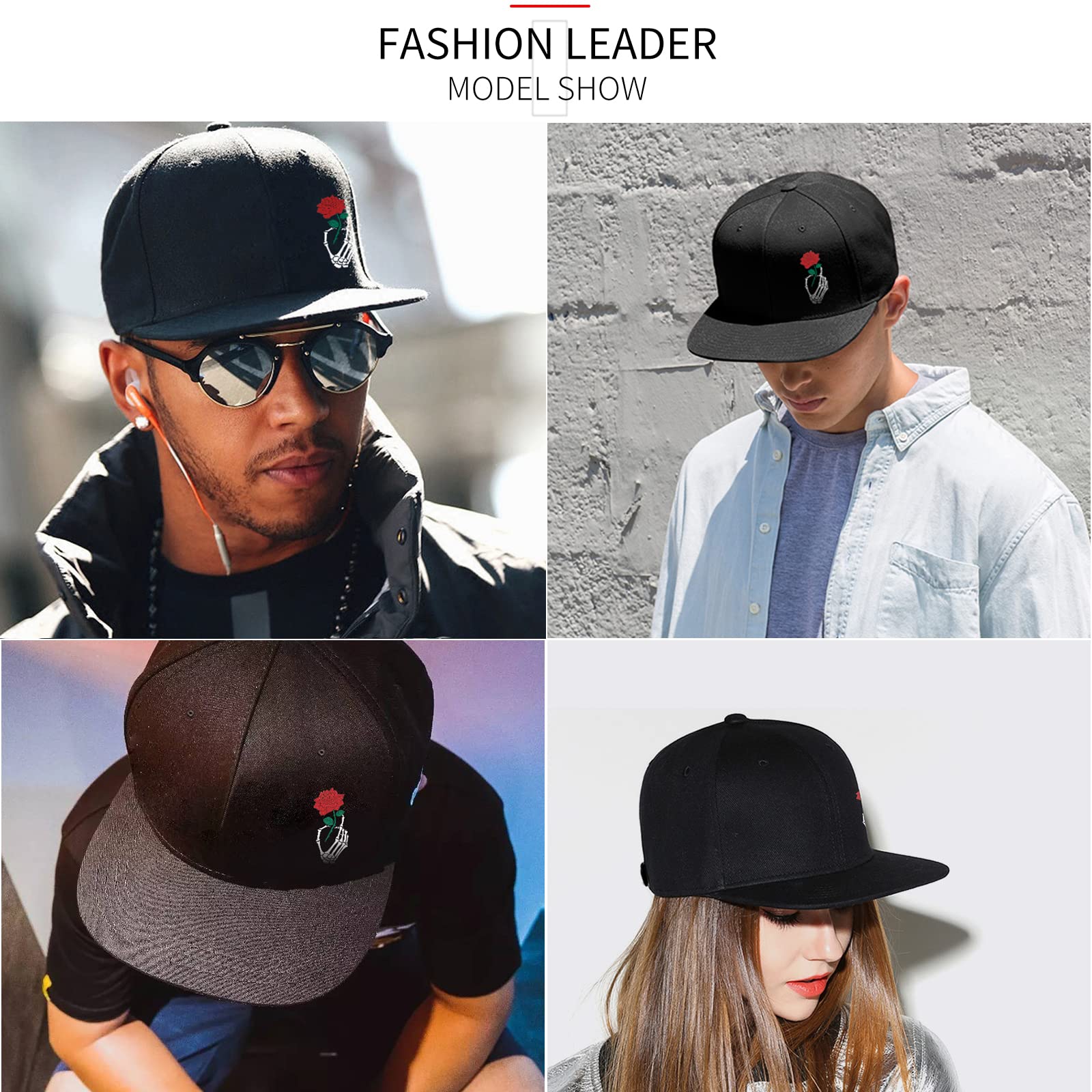 Negi Snapback Hats for Men Flat Bill Hats for Mens Snapback Hats Skull Decor Skeleton Trucker Hats Dad Fitted Black Adjustable Baseball Cap Gifts Husband