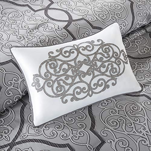 Madison Park Lavine Cozy Bed in a Bag Comforter Set, Traditional Luxe Jacquard Design All Season Down Alternative Bedding with Cotton Bed Sheets, Bed Skirt & Pillows, Queen Silver 12 Piece