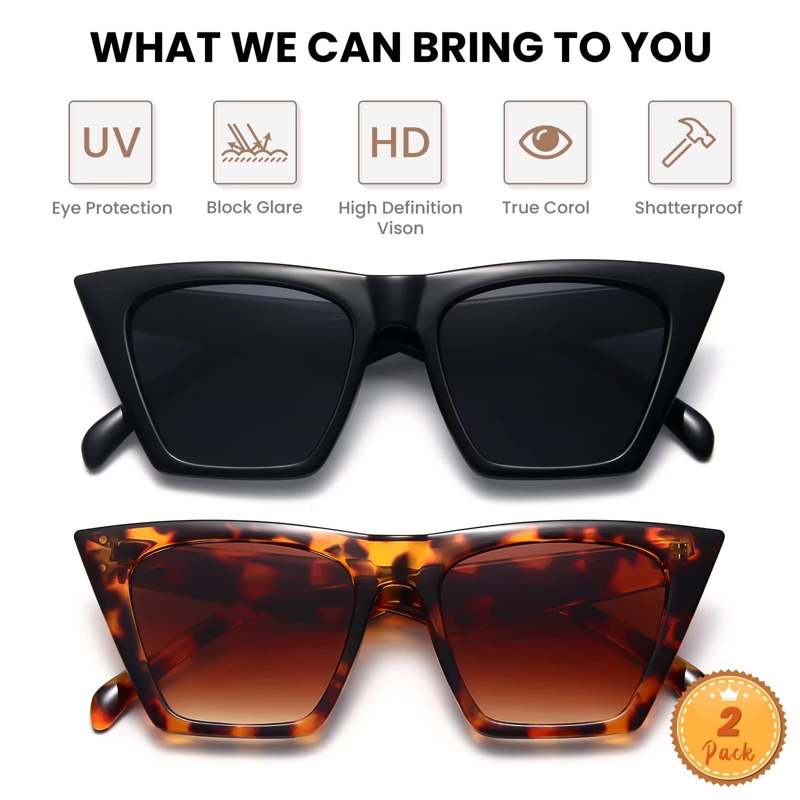 racico Trendy Cat Eye Sunglasses Women - 2 pack Vintage Oversized Cateye Style Square Sun Glasses Women Men