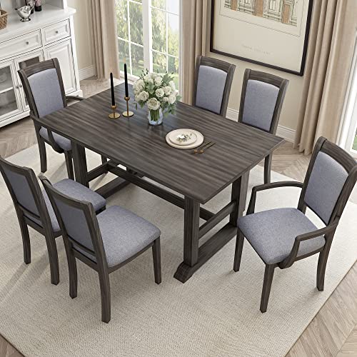 LUMISOL Rustic 7 Piece Dining Table Set with Chairs for 6 Persons Wooden Kitchen Dining Set Farmhouse Style 1 Trestle Dining Table and 4 Upholstered Side Chair and 2 Arm Chair