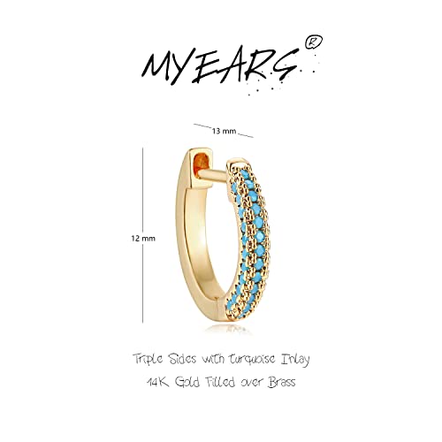 MYEARS Women Huggie Earrings Gold Hoop Ear Stud Cuff Turquoise Half Sleeper 14K Gold Filled Small Simple Hypoallergenic Everyday Basic Jewelry