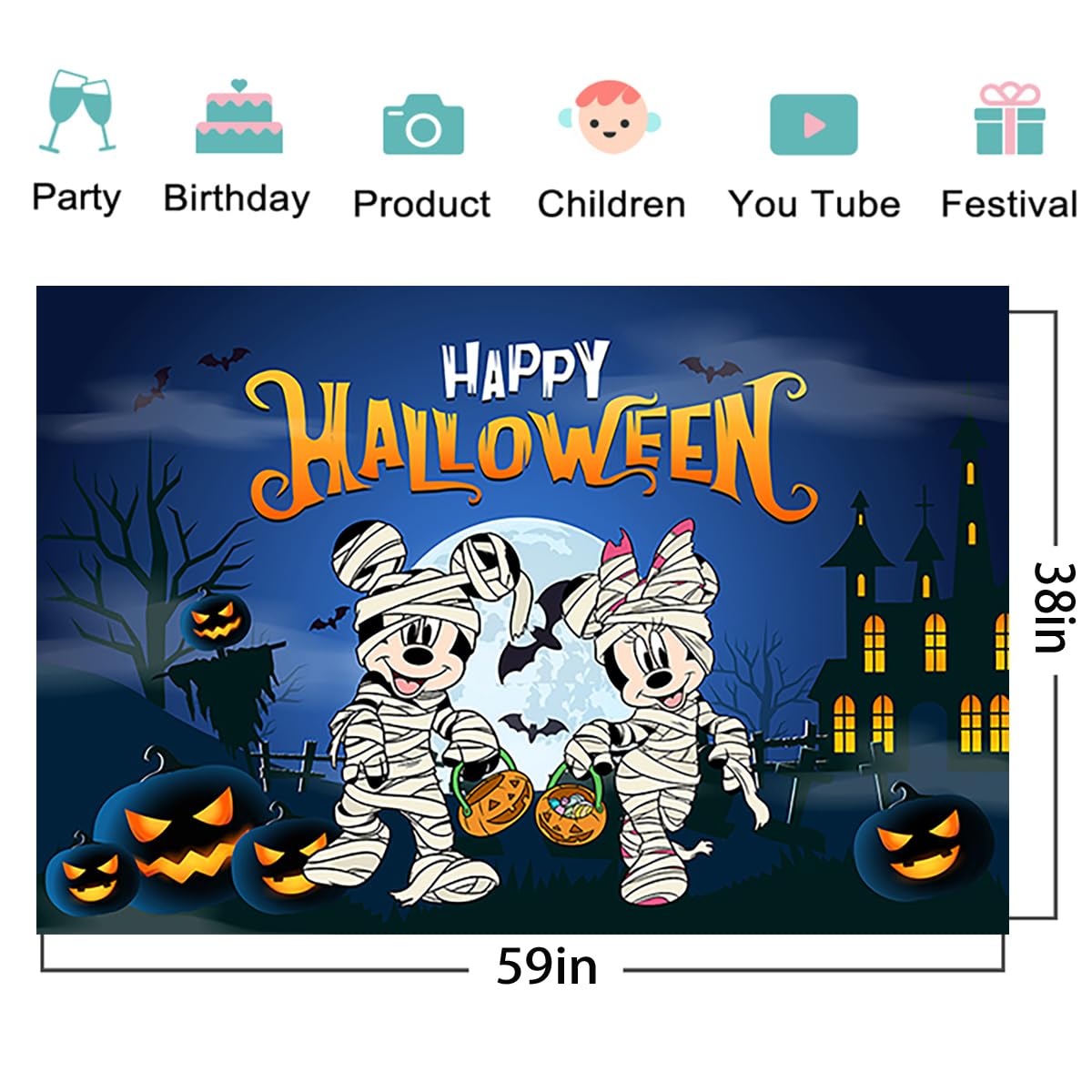 Mickey Mouse Backdrop for Halloween Party Supplies Castle Banner for Party Decorations Pumpkin Halloween Baby Shower Photo Background 59x38in