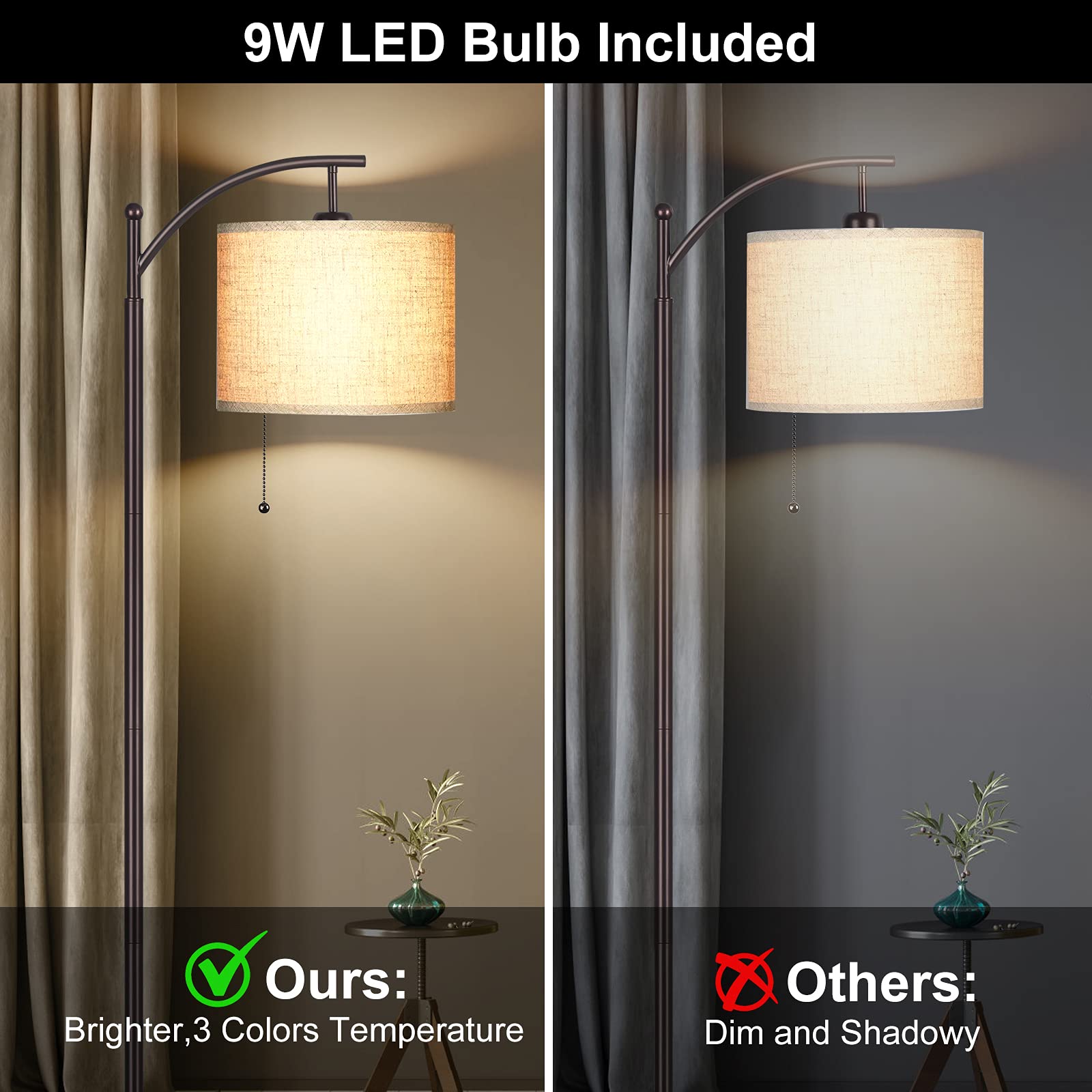 MOFFE Modern Arc Floor Lamp for Living Room, Bedroom, Office; Bright Lighting to Soft White Light - Includes 3-Mode Energy Saving LED Bulb 3000K - 6000K; Designer Shade and Pull Chain Switch, Brown