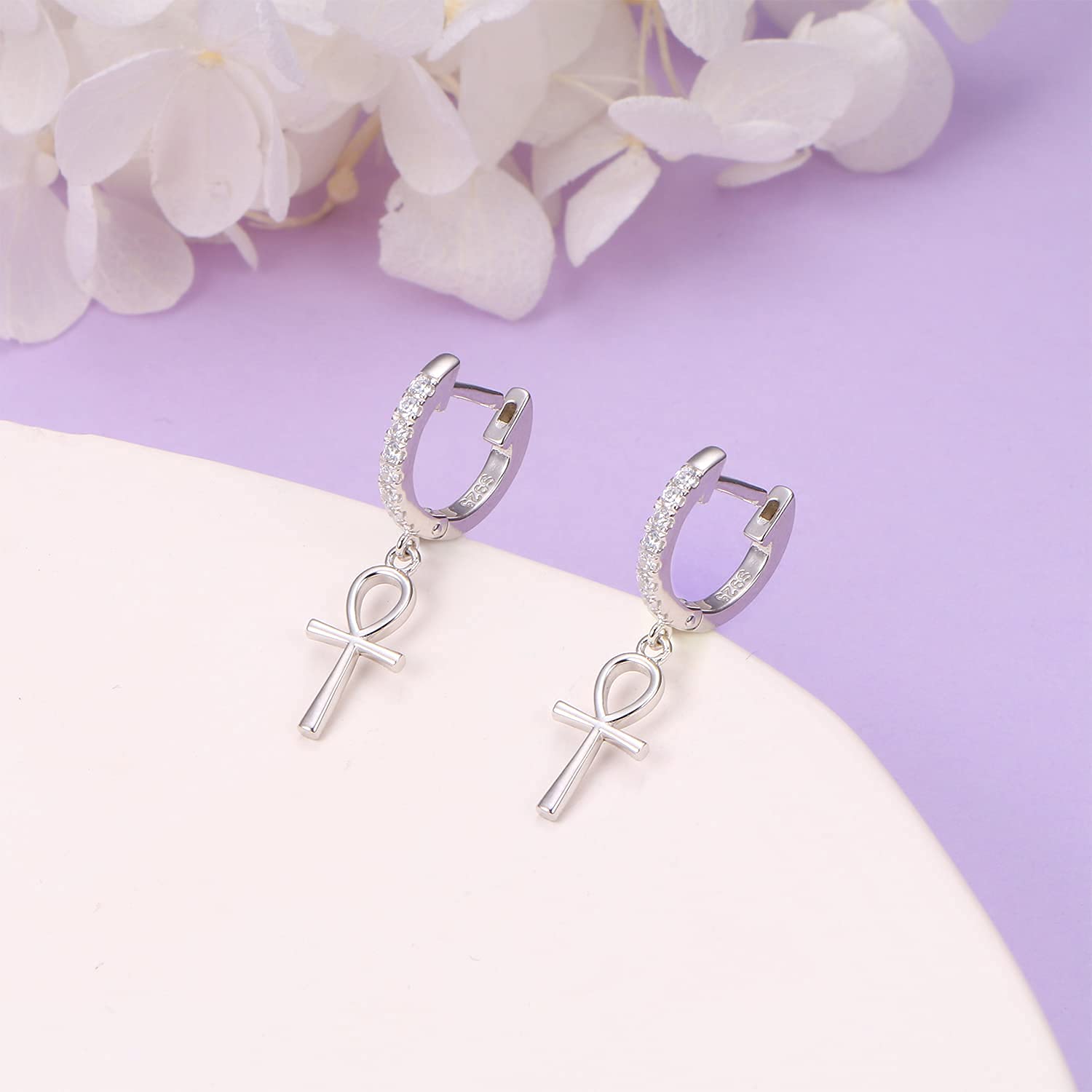 S925 Sterling Silver Ankh Cross Huggie Hoop Dangle Drop Earrings for Women Men Jewelry