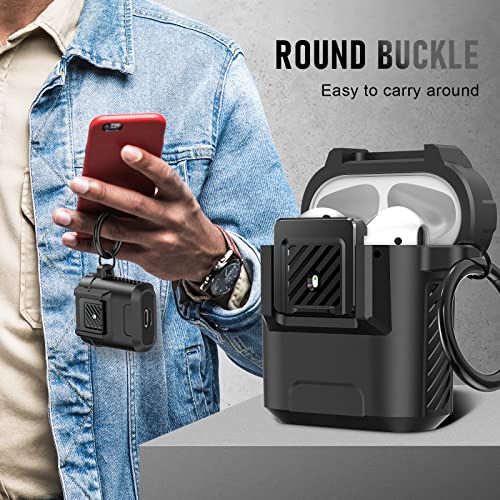 Youtec Compatible with Airpods 2&1 Case Cover with Cleaner Kit, Military Hard Shockproof Airpods Case Cover Protective Case with Automatic Secure Lock & Keychain(10 in 1) (Black-1)