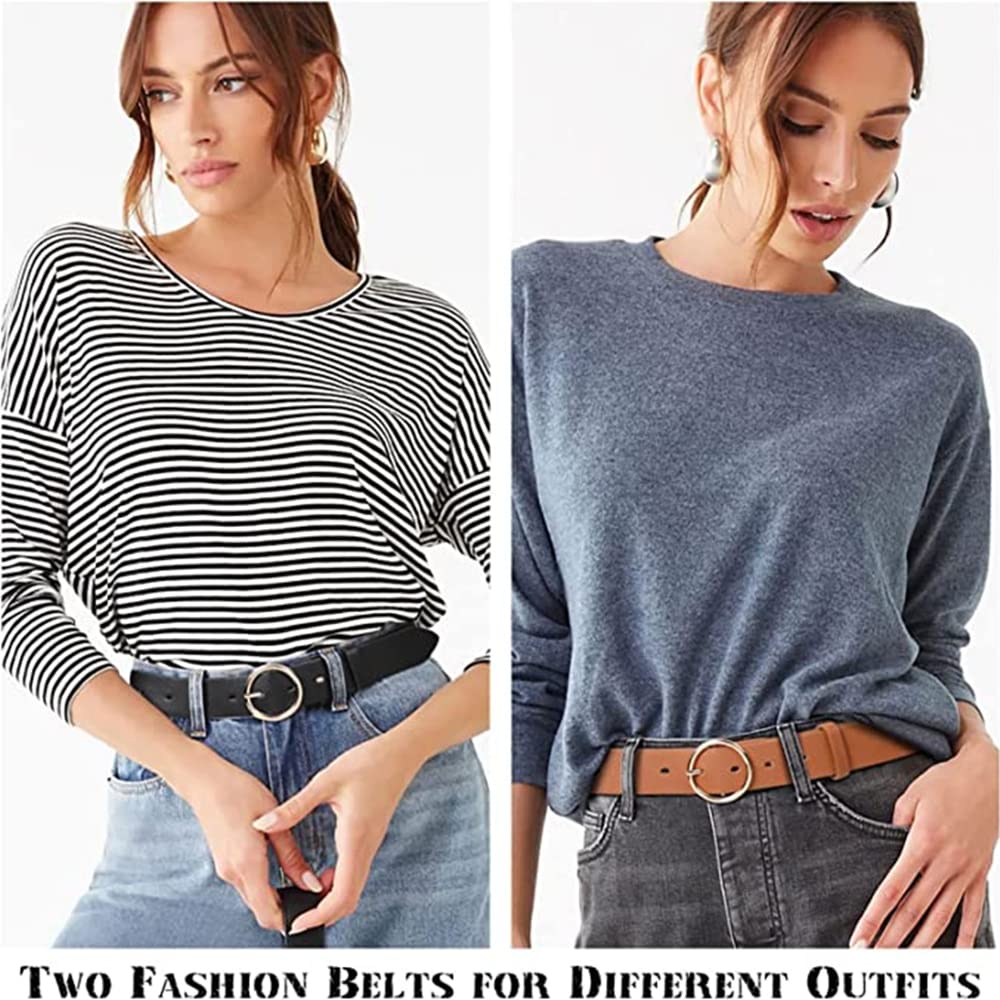 Sbecud 2 Pack Women's Leather Belts for Jeans Pants Fashion Gold Buckle Ladies Dress Belt