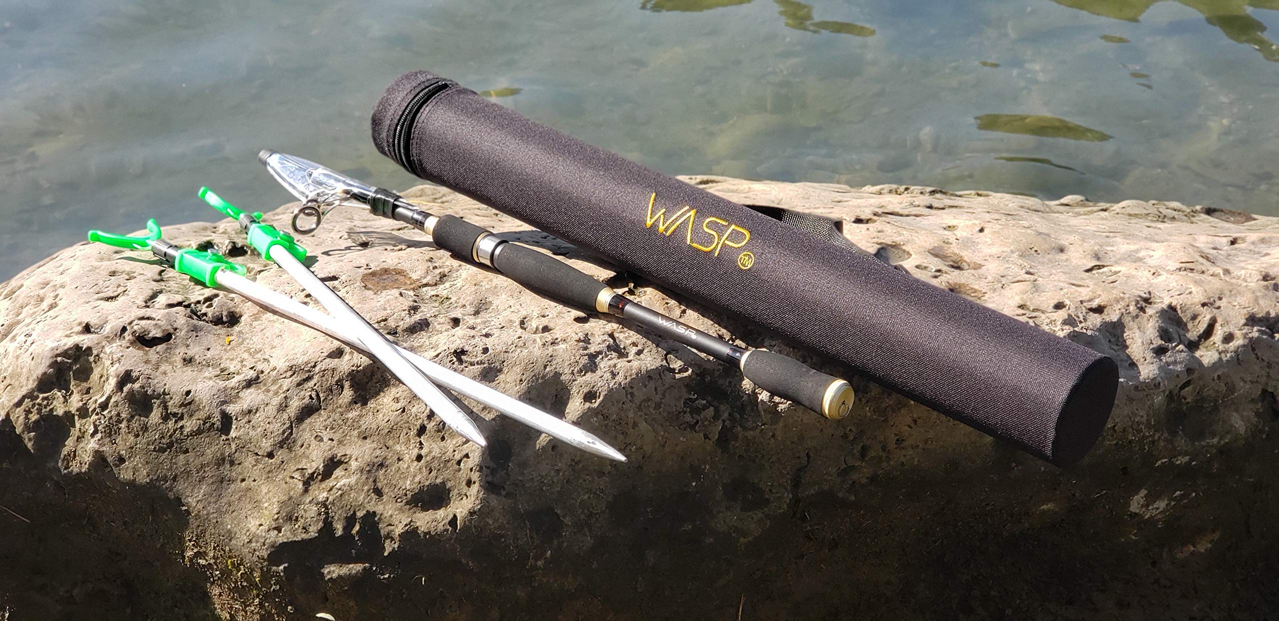 M80 TX WASP Telescopic Fishing Rod and Rod Holder Bank Combo. Compact Design Perfect for Travel. Ideal for Trout, and Medium Sized Fish.