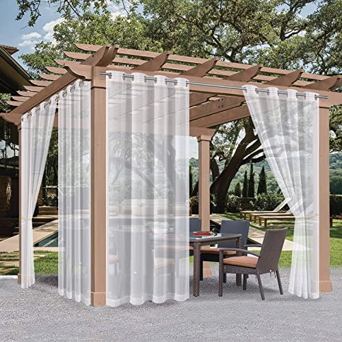 Voday (2 Panels) Waterproof Outdoor White Sheer Curtains 54x84 Inch for Patio - Rustproof Grommet Privacy Curtains with Free Tieback Rope - Light Filtering Voile Drapes for Indoor, Pergola, Porch