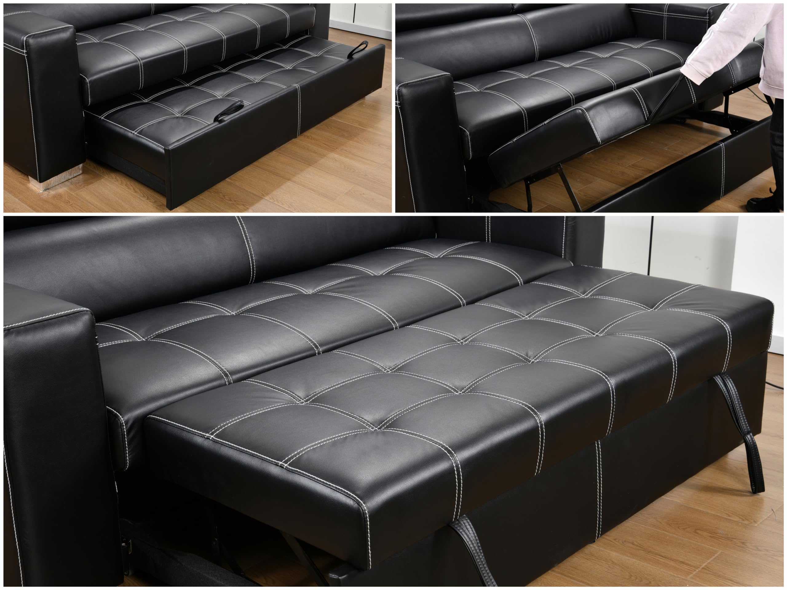ZIGHTH 88 inch Oversized Breathable Leather Sofa with Adjustable Headrest, Modern Breathable Leather Couch Loveseat with Pull Out Chaise Lounge, Black Leather Sofa for Living Room, Apartment (Black)