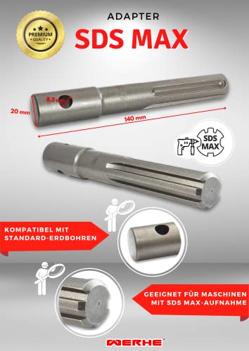 WERHE Profi Adapter for Earth Drill suitable for SDS Max Drilling Machine - For auger drill and SDS impact hammer Drill machine - Soil Drill Adapter for drills with Ø 1,6" 2,4" 3,15" 3,9" 4,7" 5,9"