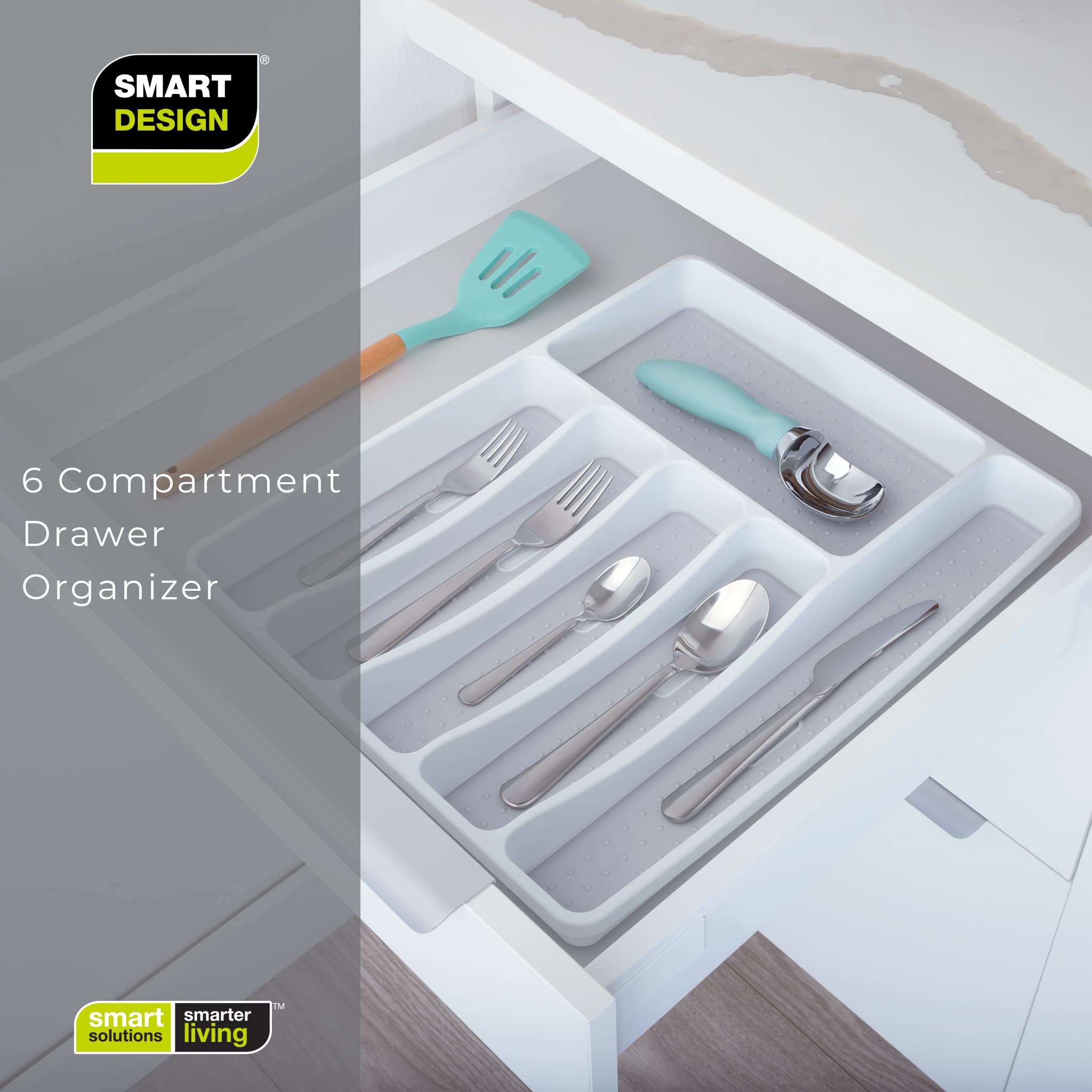 Smart Design 6 Compartment Plastic Drawer Organizer - Non-Slip Lining and Feet - BPA Free - Utensils, Flatware, Office, Personal Care, or Makeup Storage - Kitchen - White with Gray