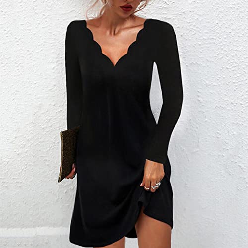 Pinkpaopao Elegant V Neck Black Dress for Women Long Sleeve Solid Color Loose Shift Dress Plain Flowy Short Dress