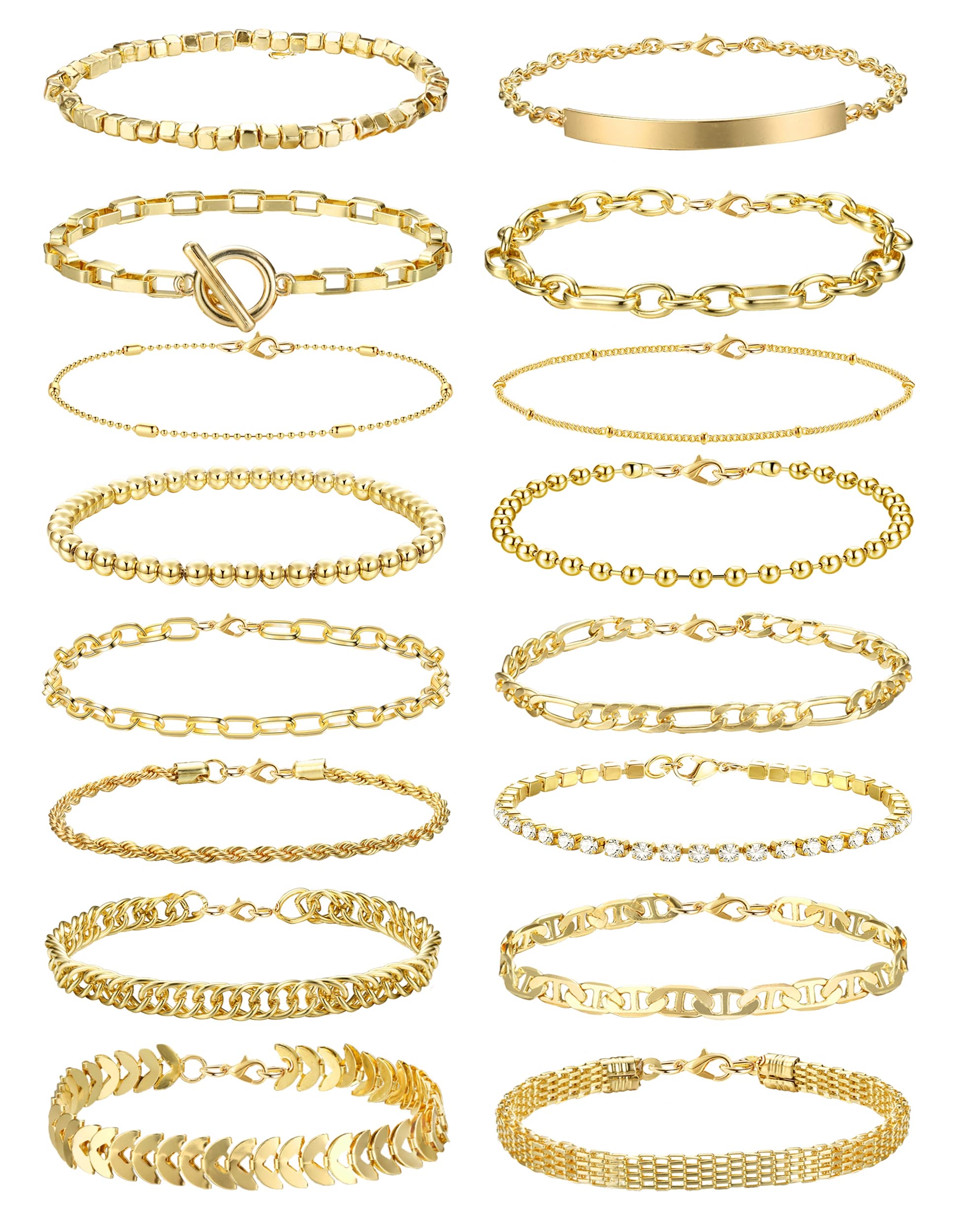 SAILIMUE 16Pcs Gold Chain Bracelet for Women 14K Gold Plated Stacked Beaded Bracelets Dainty Stackable Layered Metal Link Bracelet Sets Adjustable