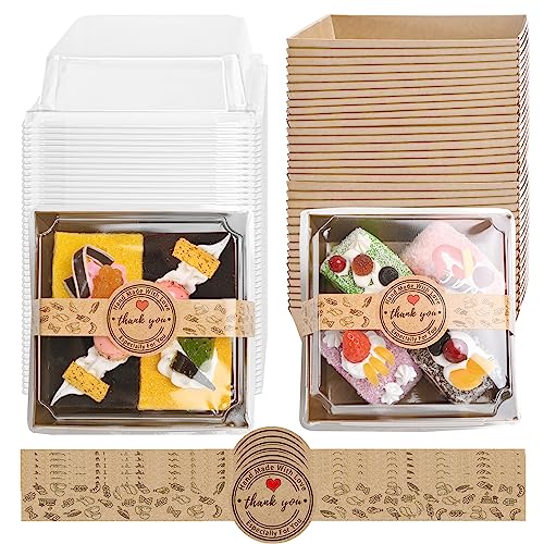 Paper Charcuterie Boxes with Clear Lids and Stickers - 50 SETS 4 Inches Square Disposable Food Containers Bakery Boxes for Bakery, Macaron, Sandwich, Slice Cake, Cookies, Hot Cocoa Bombs, Strawberries (Brown)