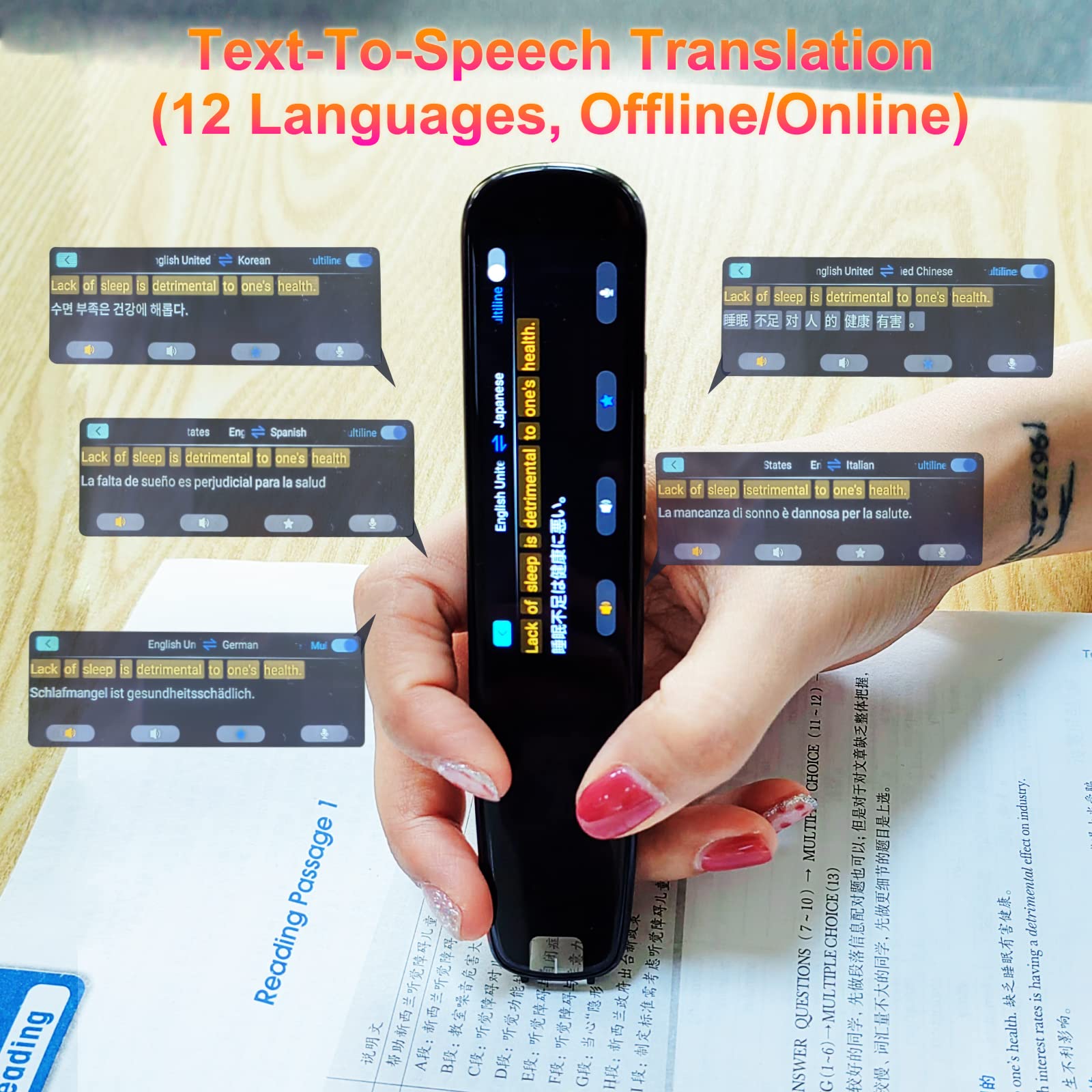Upgraded Translation Pen Scanner, Text to Speech Device, OCR Digital Pen Reader, Exam Reading Pen for Students, Dyslexia, Wireless Language Translator for Travelers & International Business Personnel