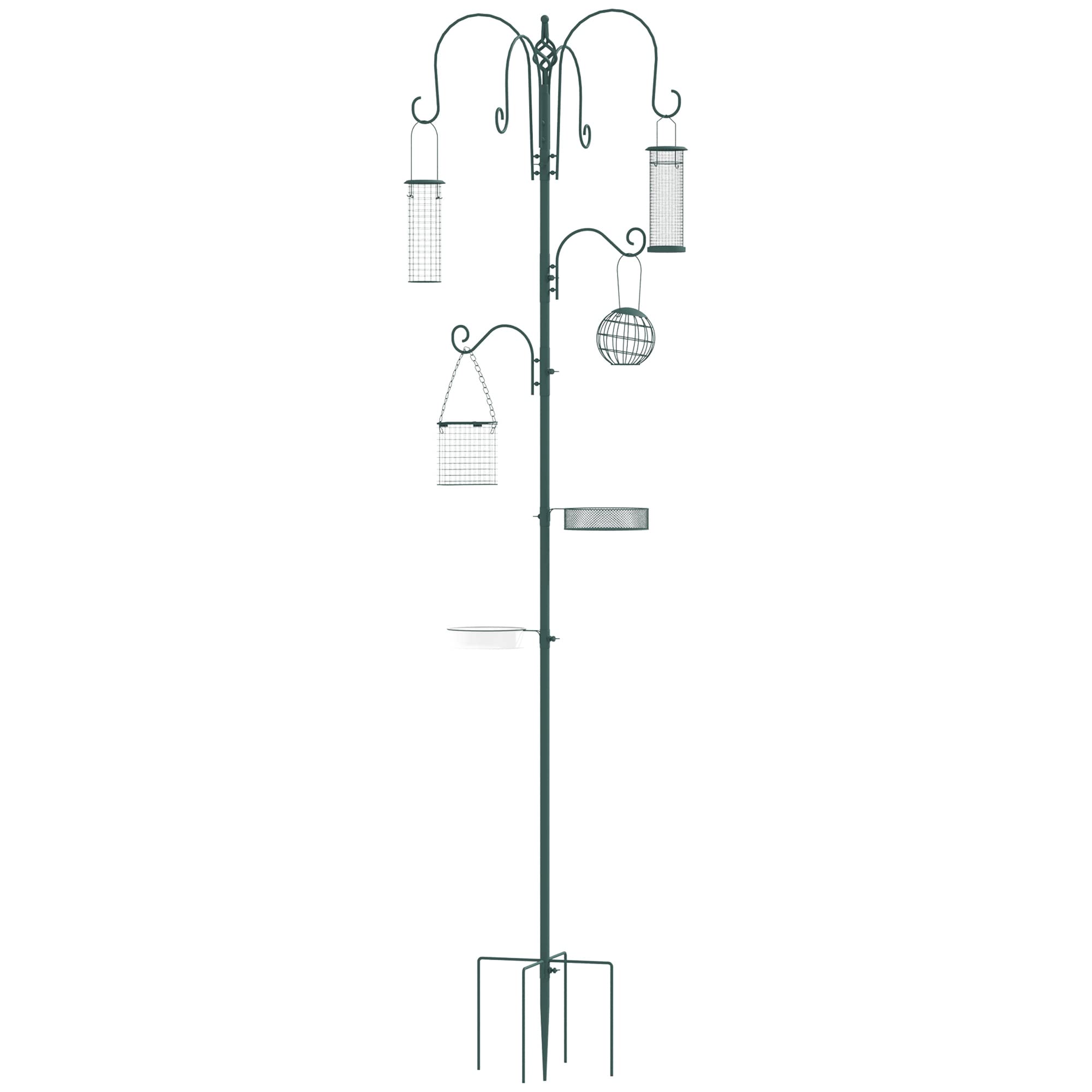 PawHut 6 Hook Feeding Station, Steel Multi-Feeder Kit Stand with 4 Bird Feeders, Mesh Tray, Water Dish and 4-Prong Base, Green