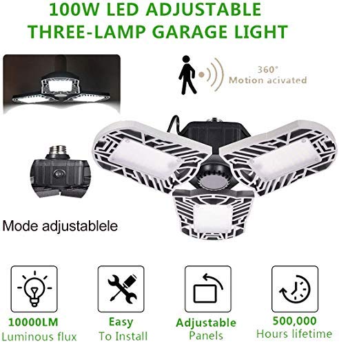Motion Sensor LED Garage Lights 100W,Ai CAR FUN Deformable LED Garage Lighting 12000LM LED Garage Ceiling Lights LED Shop Lights, LED Light Bulbs,LED Work Lights,LED High Bay Light for Basement Worksh