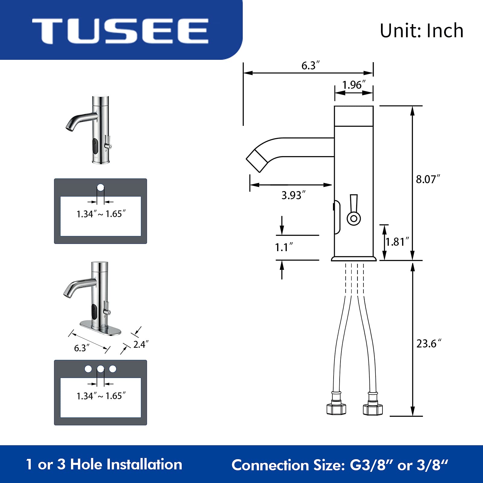 TUSEE Manual and Automatic Faucet, Touchless Bathroom Faucet with One Temperature Control Rod, Chrome, TS-5303C