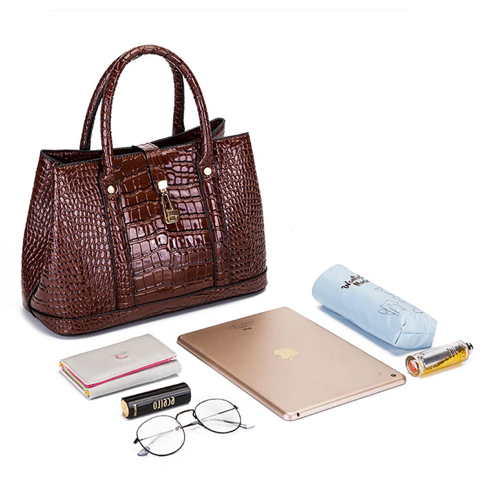 Retro Messenger Lock Bag Fashion Shoulder Handbags Three-piece Bags Crocodile Pattern Purses Female Top Handle Tote (Brown)