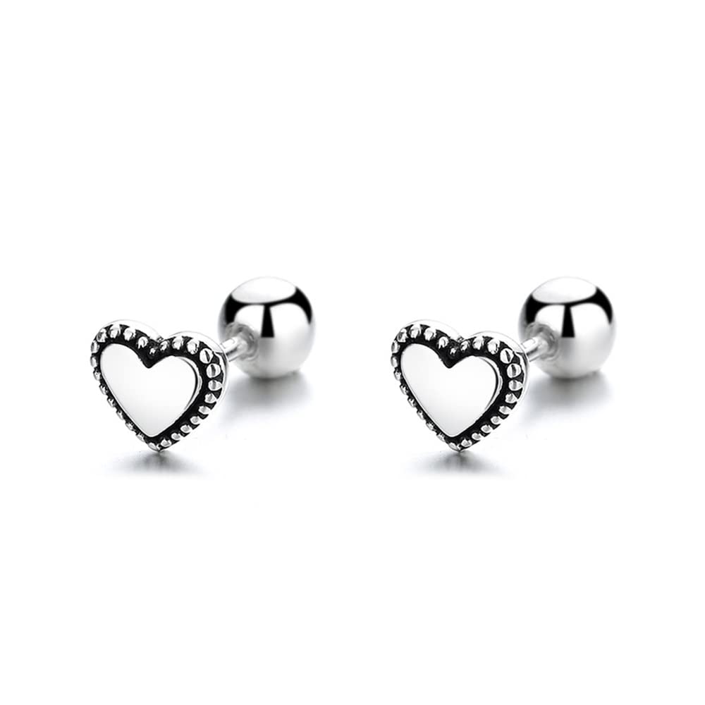 S925 Sterling Silver 18G Tiny Heart Cartilage Stud Earrings Vintage Eternity Love Hearts Tragus Helix Ear Ring Studs Daith Conch Ear Piercing Screw Back Ball Barbell for Sensitive Ears