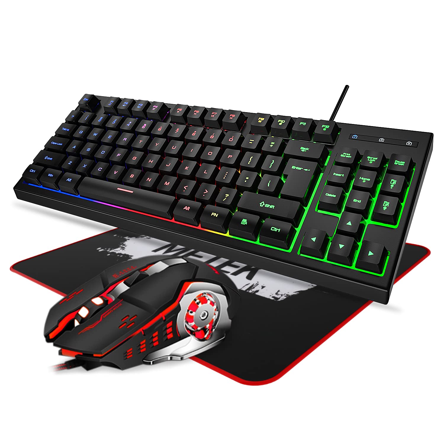 MFTEK RGB 87 Keys Gaming Keyboard and Mouse Combo with Large Mouse Pad, USB Wired Rainbow Backlit Mechanical Feel Keyboard and 4 Color Light Up Gaming Mouse Set for PC Laptop Computer Gamer Work