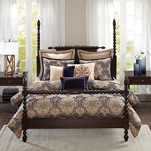 Madison Park Signature Wellington King Size Bed Comforter Set Bed In A Bag - Tan Blue , Jacquard β 9 Pieces Bedding Sets β Ultra Soft Microfiber Bedroom Comforters
