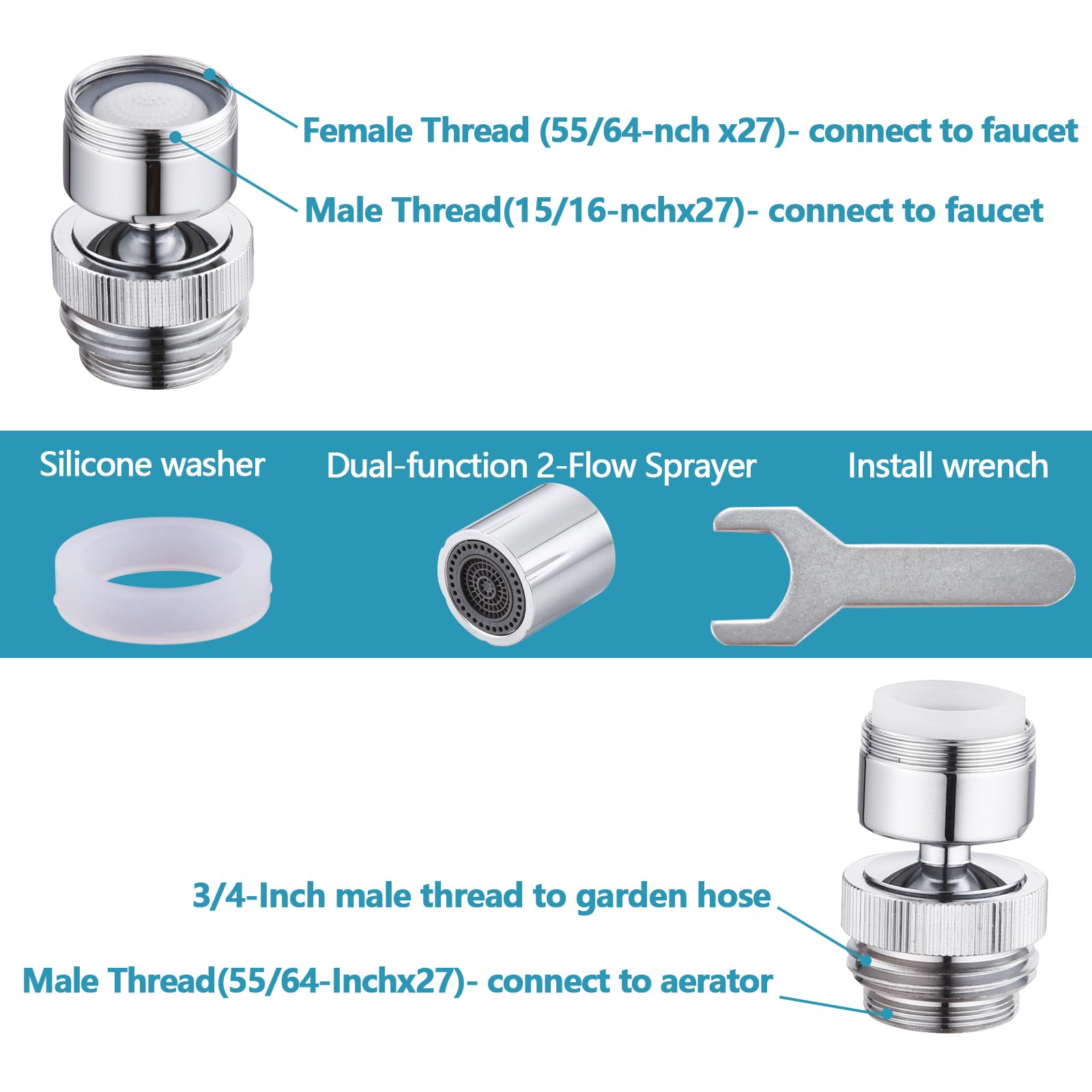 YRDL Faucet Adapter with Dual-function Aerator Kit, Sink Faucet to Garden Hose Adapter,Multi-Thread Sink Faucet Adapter for Kitchen and Bathroom,Sink to Hose Adapter,3/4" GHT Thread Chrome.