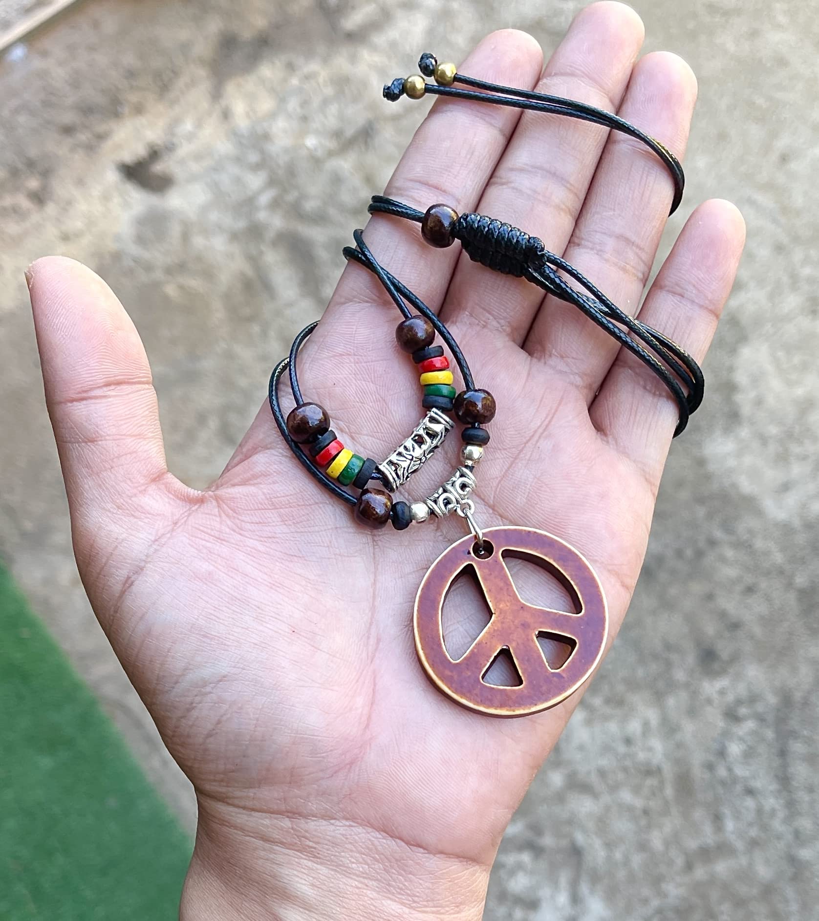 LAVIP Leather Peace Sign Pendant Double Layers Peace Symbol Brown Pendant Necklace Coconut wood Beads