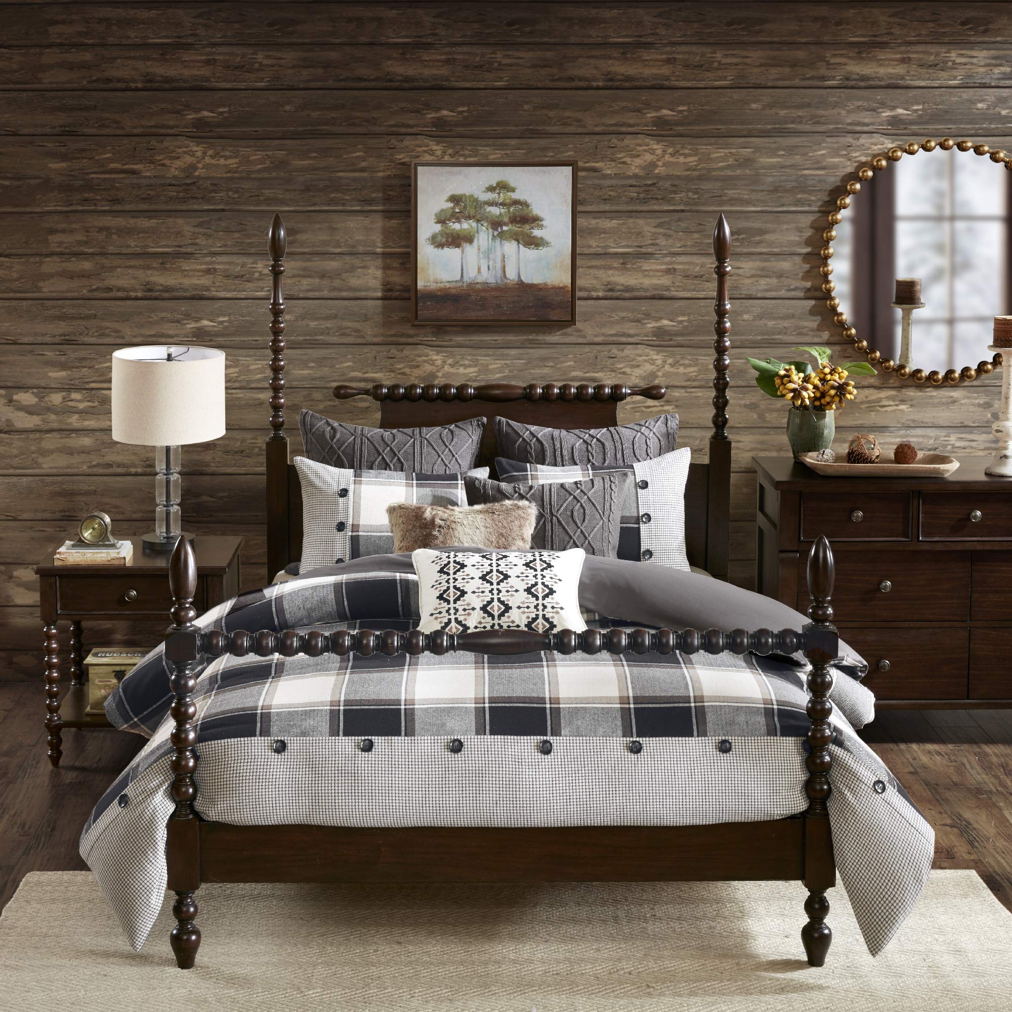 Madison Park SIGNATURE Cozy Comforter Set - All Season Bedding Combo Filled Insert and Removable Duvet Cover, Shams, Decorative Pillows, Plaid Brown/Black Queen (92 in x 96 in) 9 Piece