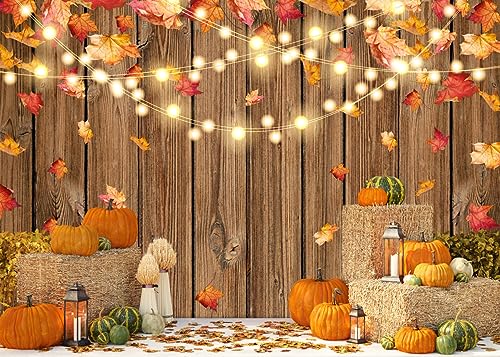 LYCGS 7X5ft Fall Backdrop Fall Thanksgiving Photography Backdrop Autum Rural Wooden Pumpkin Maple Leaf Haystack Backdrop Thanksgiving Photo Background Thanksgiving Party Decoration Banner X-157