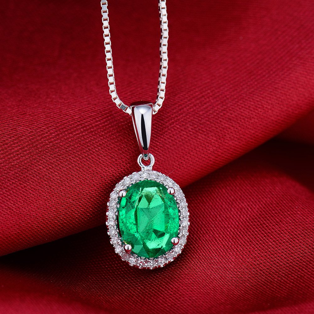 Lanmi 14K White Gold Natural Green Emerald Diamond Pendant Necklaces Engagement Valentine's day Gift for Women Valentine's Day Gift Promotion