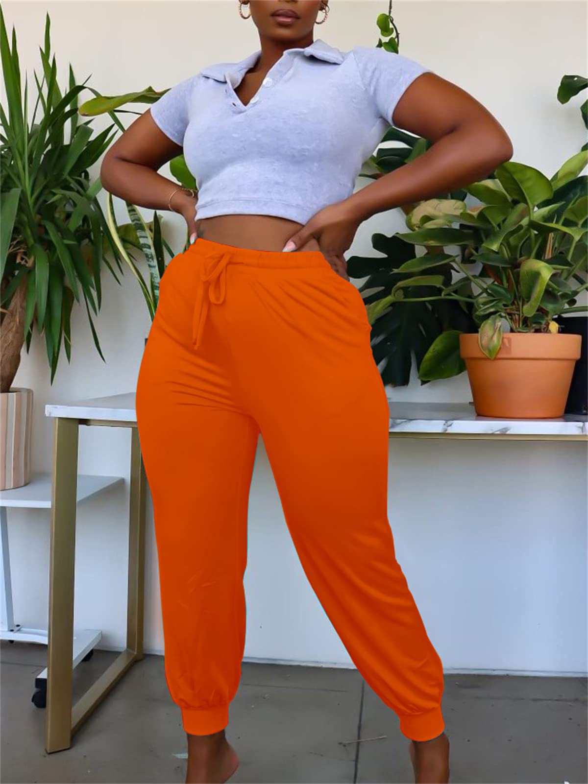 Salimdy Plus Size Pants for Women Active Casual Lounge Joggers Lightweight Comfy Yoga Pants with Pockets Drawstring Workout Pants,Orange,XXX-Large
