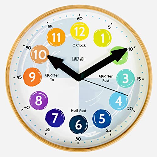 Telling Time Teaching Clock for Kids Learn to Tell The Time 12" Wooden Frame, Analog Silent nonticking Kids Room, Playroom Decor, Classroom Clock. Homeschool Learning Resource. Learning Time Resource