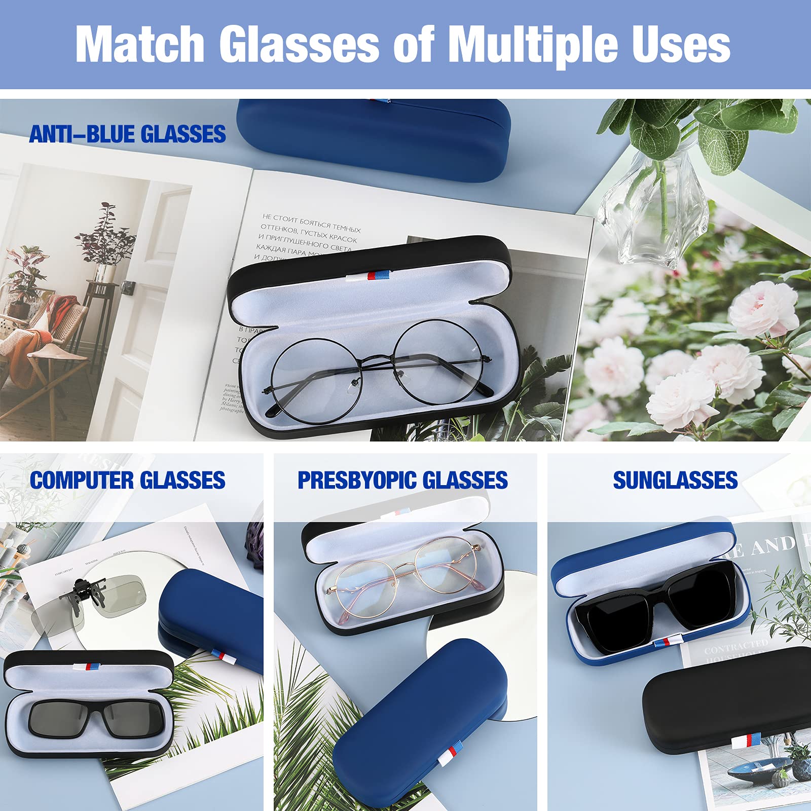 MoKo Eyeglass Case Hard Shell for Men Women, Unisex Portable Travel Protective Sunglasses Cases PU Leather Classic Glasses Storage Box Holder with Cleaning Cloth, Black