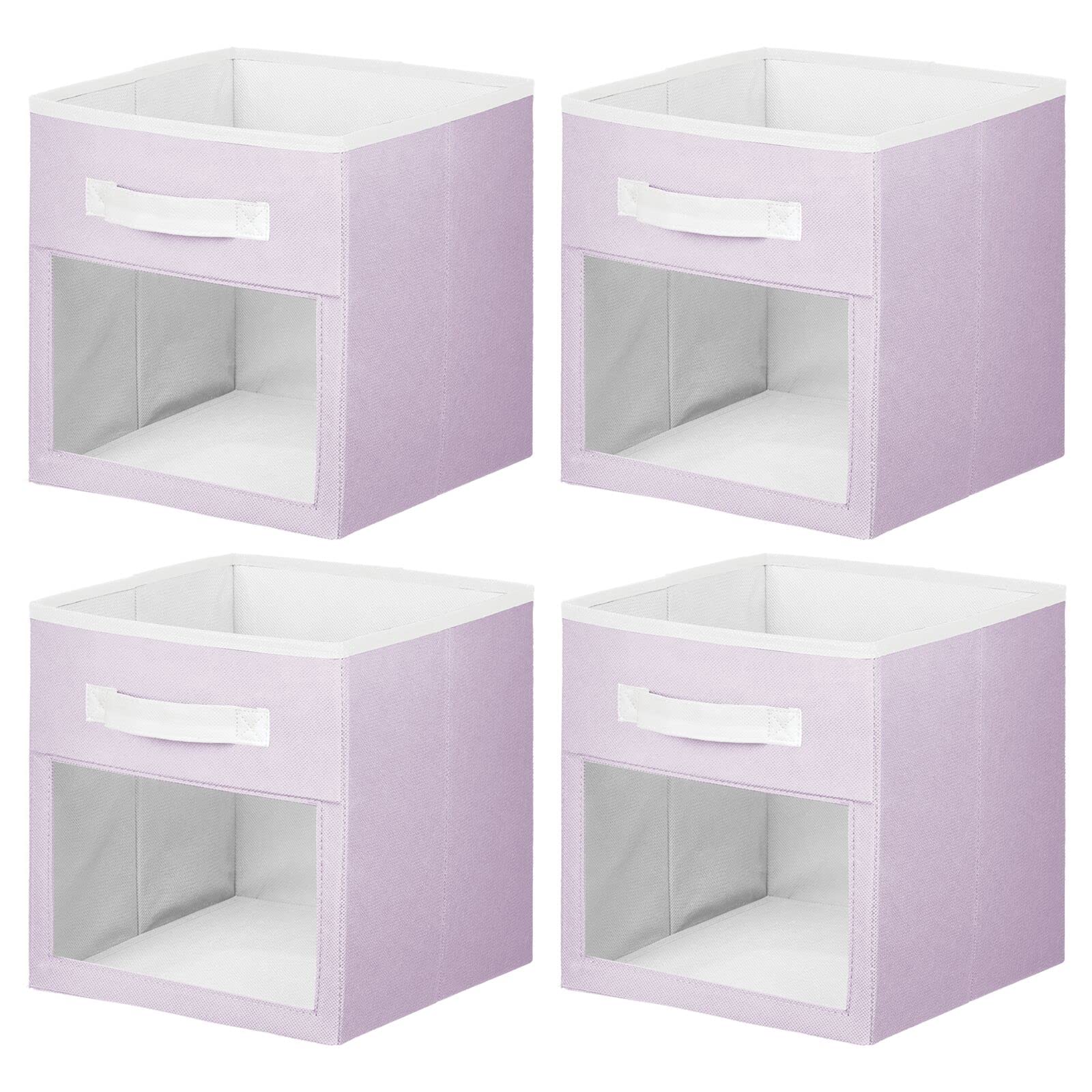 mDesign Fabric Nursery/Playroom Closet Storage Organizer Bin Box with Front Handle/Window - Cube Furniture Shelving Unit, Hold Toys, Clothes, Diapers, Bibs, Jane Collection, 4 Pack, Light Purple/White