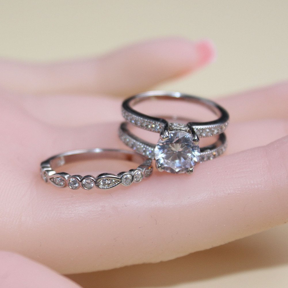 MABELLA 2.7 Carats Round Cut White Cubic Zirconia 925 Sterling Silver Alternative Engagement Wedding Ring Set Size 8