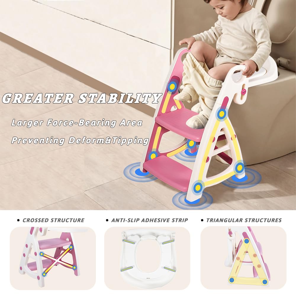 Potty Training Seat & Toddler Step Stool, Ultimate Stability Toddler Toilet Seat, Adjustable Step & Seat Height Potty Seats for Toddlers Girls(Pink)