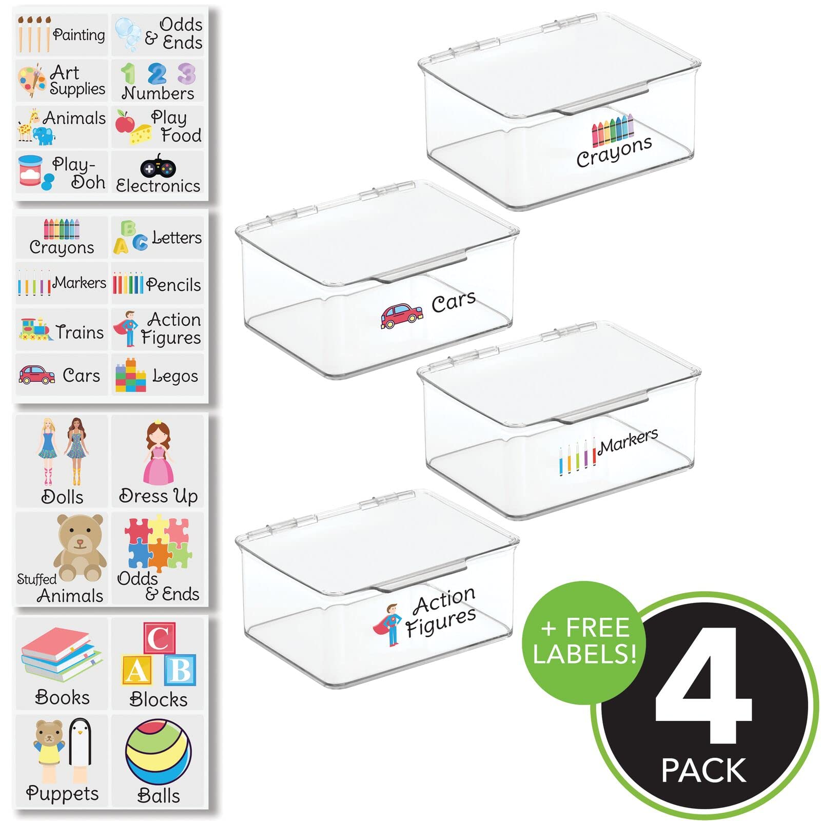 mDesign Plastic Stackable Storage Organizer Toy Box with Lid for Action Figures, Crayons, Markers, Building Blocks, Puzzles, Craft or School Supplies - Pack of 4, Includes 32 Labels - Clear