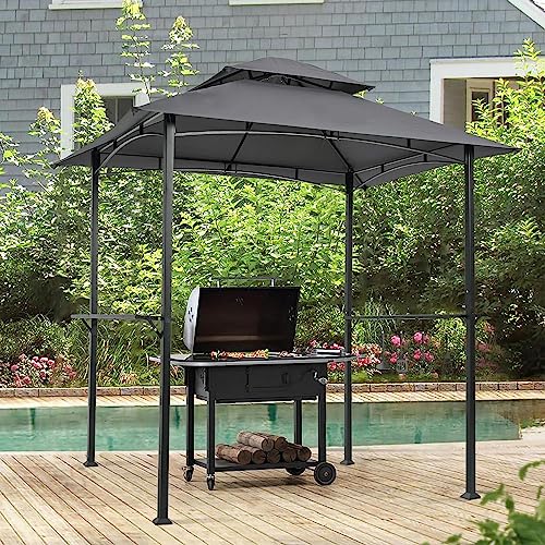 Outdoor Canopy Tent Gazebo with Steel Frame - Double Tier BBQ Gazebo Shelter & Bar Counters - 8 x 5 Ft Grey Outdoor Shelter Tent
