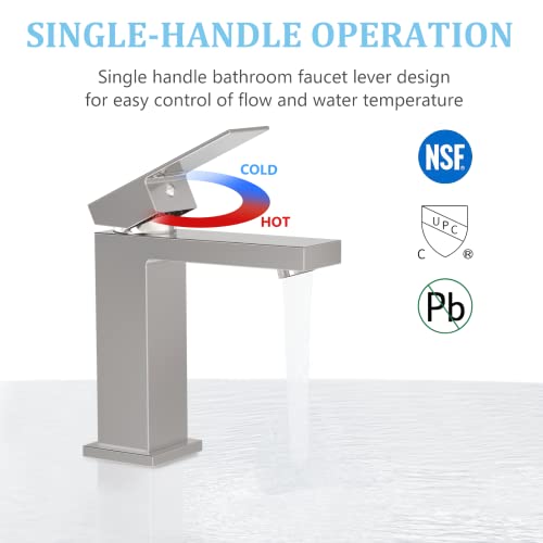 ๐ฉ๐ผ๐ป๐๐ฎ๐ป Brushed Nickel Bathroom Faucets, Solid Brass Single Hole Bathroom Sink Faucet, Modern Bathroom Faucets for Sink 1 Hole, Lead-Free Vanity Faucet with Pop-up Drain and Water Supply Hoses